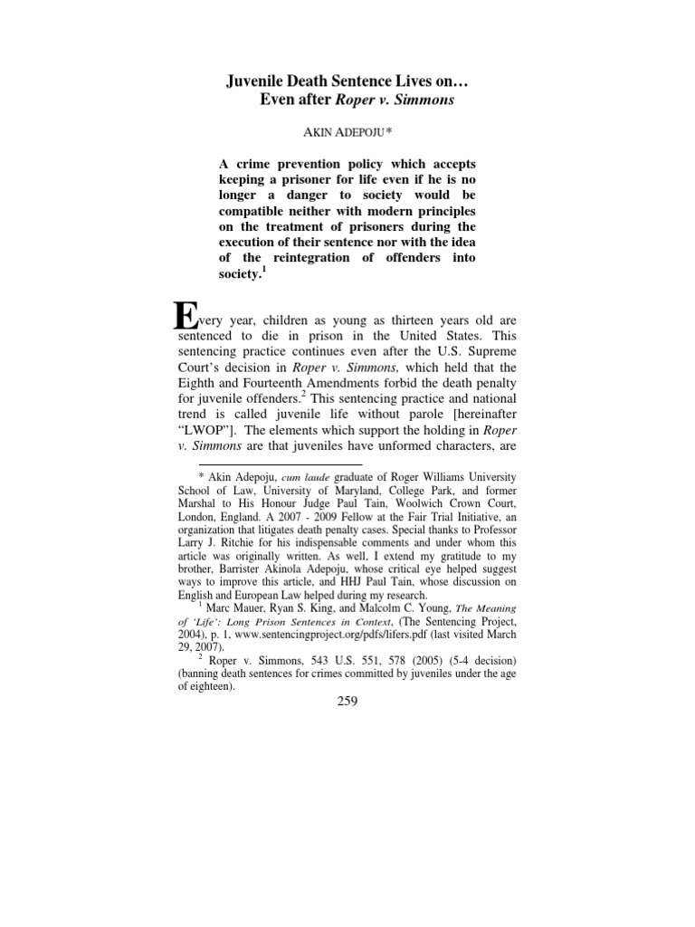 "Juvenile Death Sentence Lives On ... Even After Roper v. Simmons" by ...