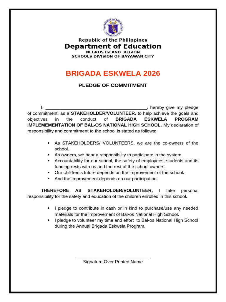 Brigada Eskwela Commitment Form 2025 | PDF