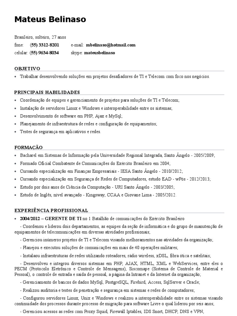 CV Mateus Belinaso PT 2 | PDF | Servidor (informática) | Rede de computadores