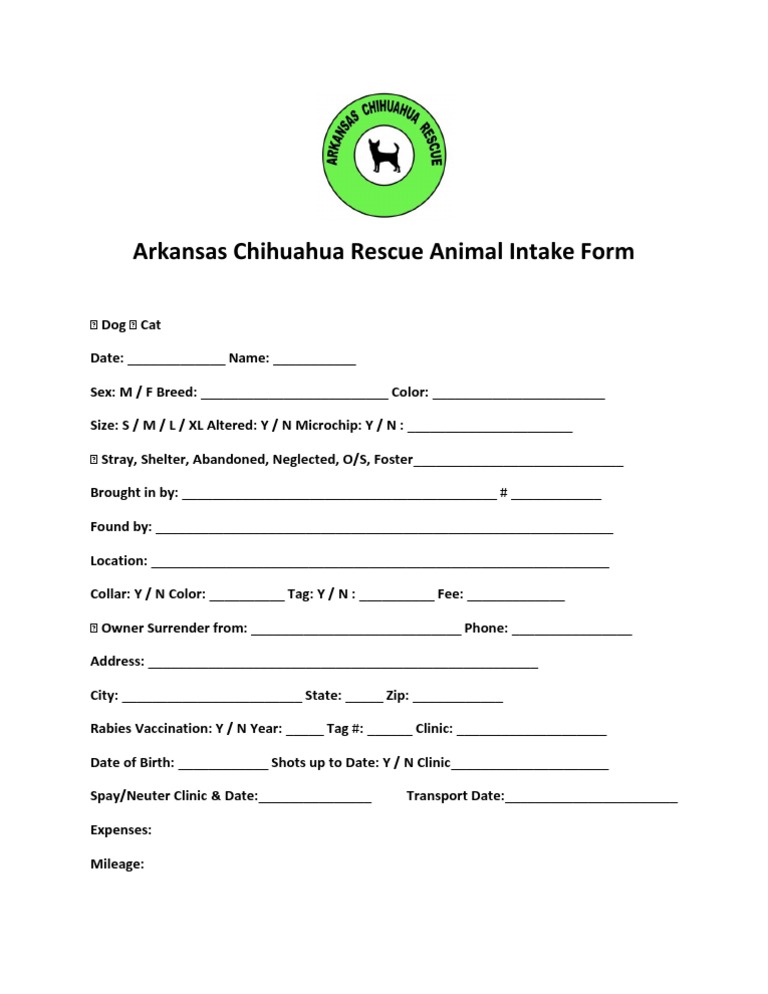 Arkansas Chihuahua Rescue Animal Individual Intake Form | PDF ...