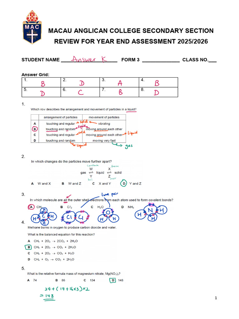 2026 Yearendexam Chemistry Form 3review@ (Ans) | PDF