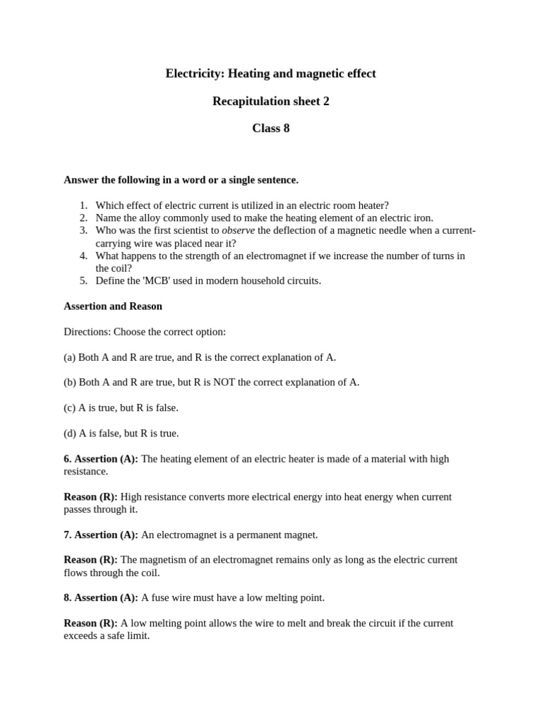 Worksheet Chapter 4 Class 8 | PDF | Electric Current | Electricity