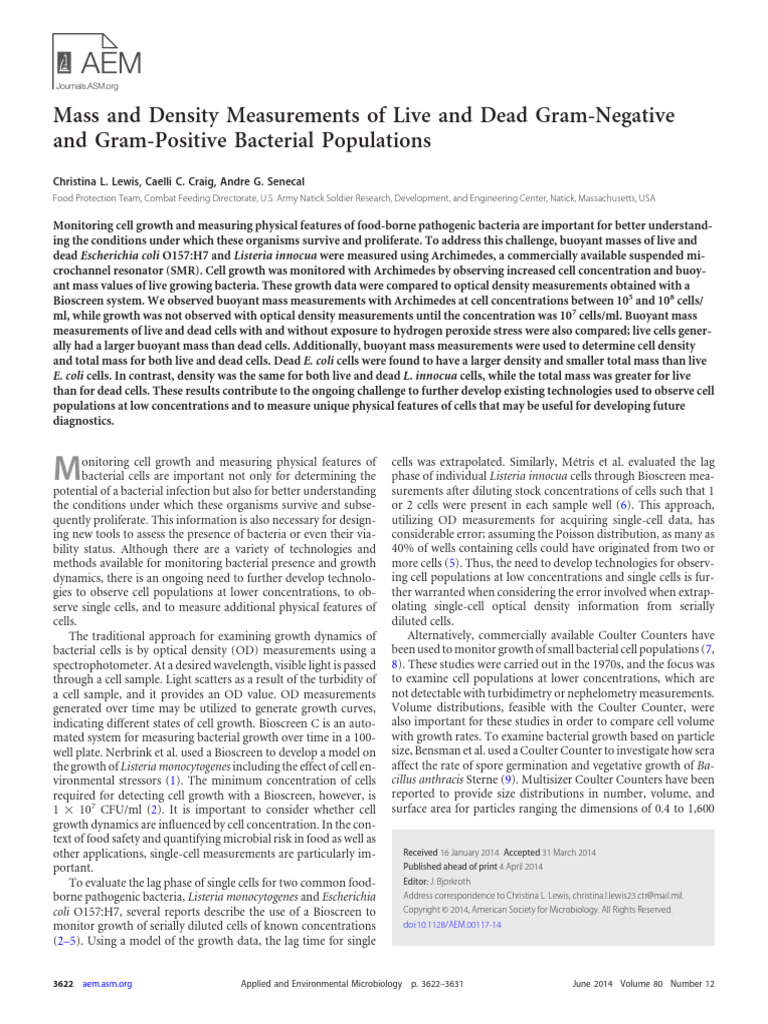 Lewis Et Al 2014 Mass and Density Measurements of Live and Dead Gram ...
