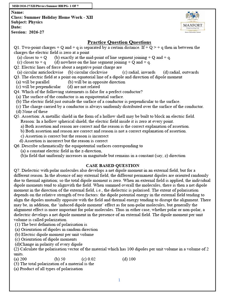 MSD XII Physics SUMMERHHW 2026 27 | PDF | Dielectric | Dipole