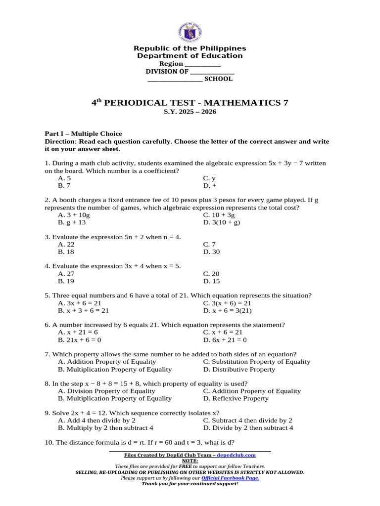 Dtc_pt_q4 Mathematics 7 Matatag With Tos Key | PDF | Algebra | Equations