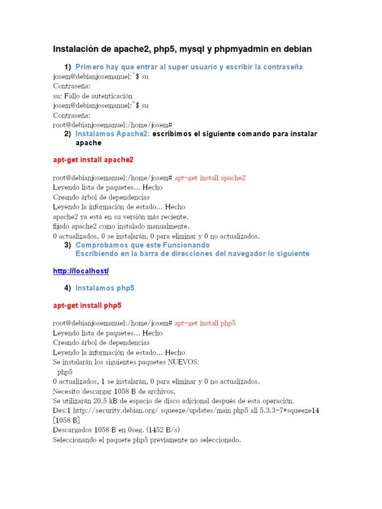 Instalación de Apache2, php5, Mysql y Phpmyadmin en Debian | PDF | Autenticación | Bases de datos