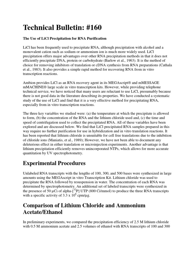 Use of Lithium Chloride For RNA Purification | PDF | Precipitation ...