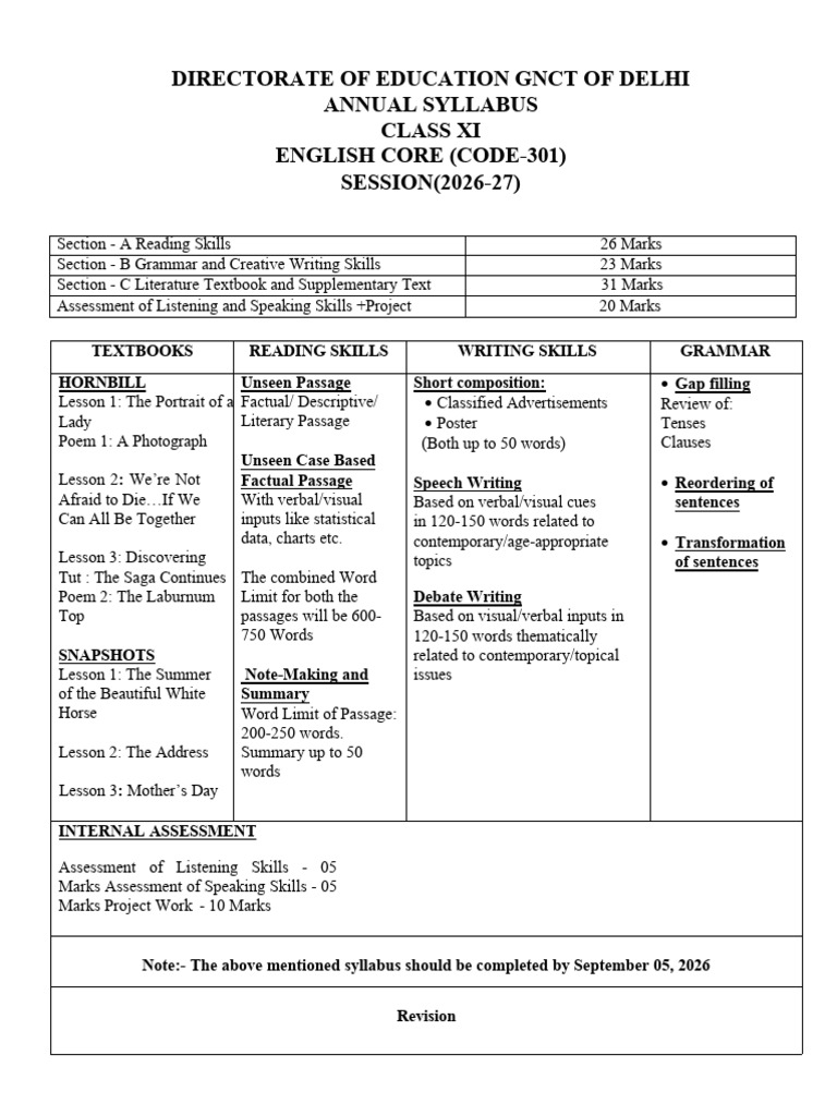 11 English Syllabus 2026 27 Em | PDF | Writing | Grammar