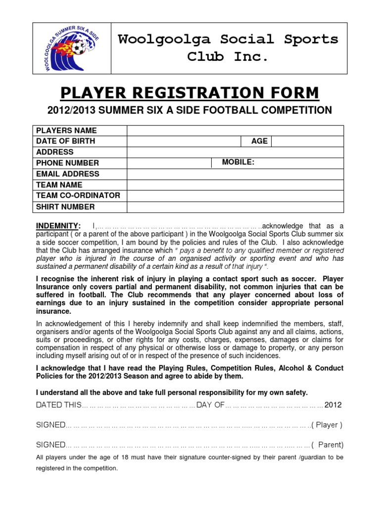 2012-2013 Player Registration Form | PDF