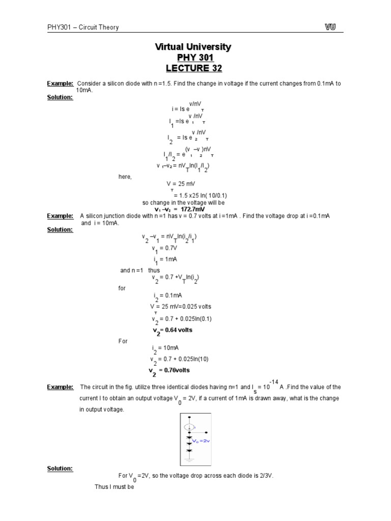 Circuit Theory - PHY301 Handouts Lecture 32 | PDF | Network Analysis (Electrical Circuits) | Diode
