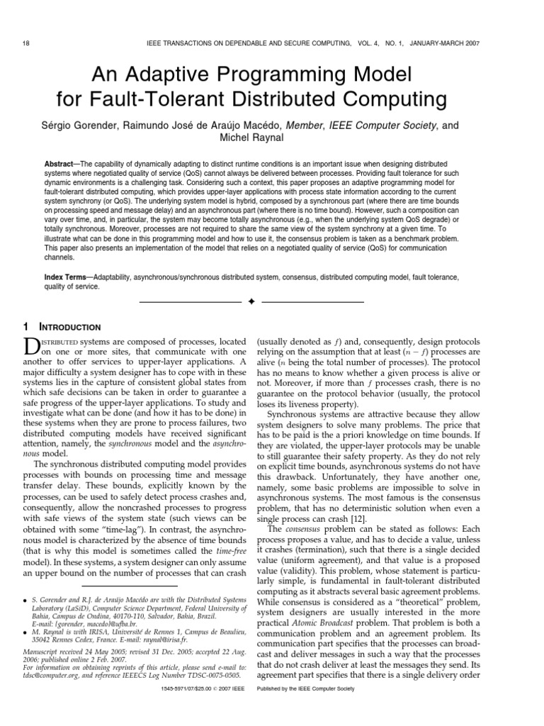 An Adaptive Programming Model For Fault Tolerant Distributed Computing Pdf Quality Of