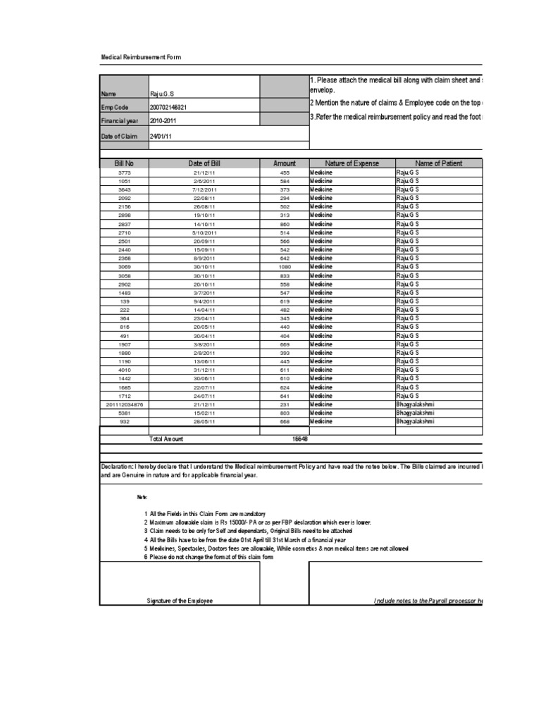Medical Claim Sheet Raju | PDF | Philosophy Of Self | Medicine