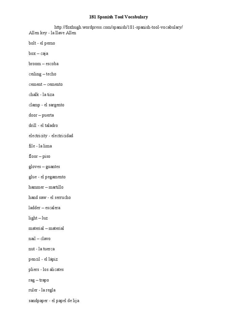 181 Spanish Tool Vocabulary | PDF