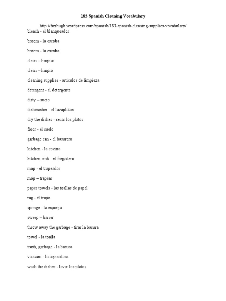 183 Spanish Cleaning Supplies Vocabulary | PDF