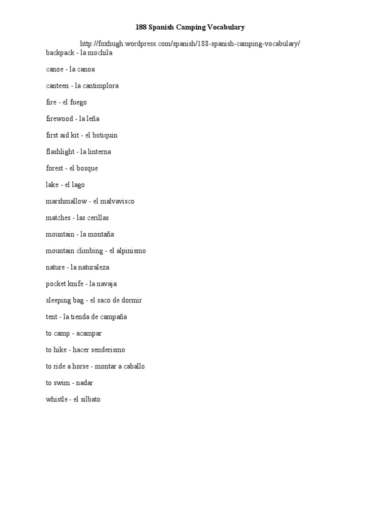 Vocabulario de Camping en Español | PDF | Recreación al aire libre ...