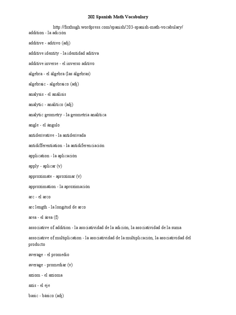 202 Spanish Math Vocabulary | PDF | Funciones trigonométricas | Integral