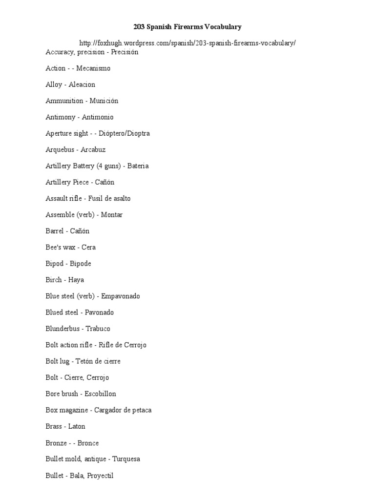 203 Spanish Firearms Vocabulary | PDF | Firearms | Cartridge (Firearms)