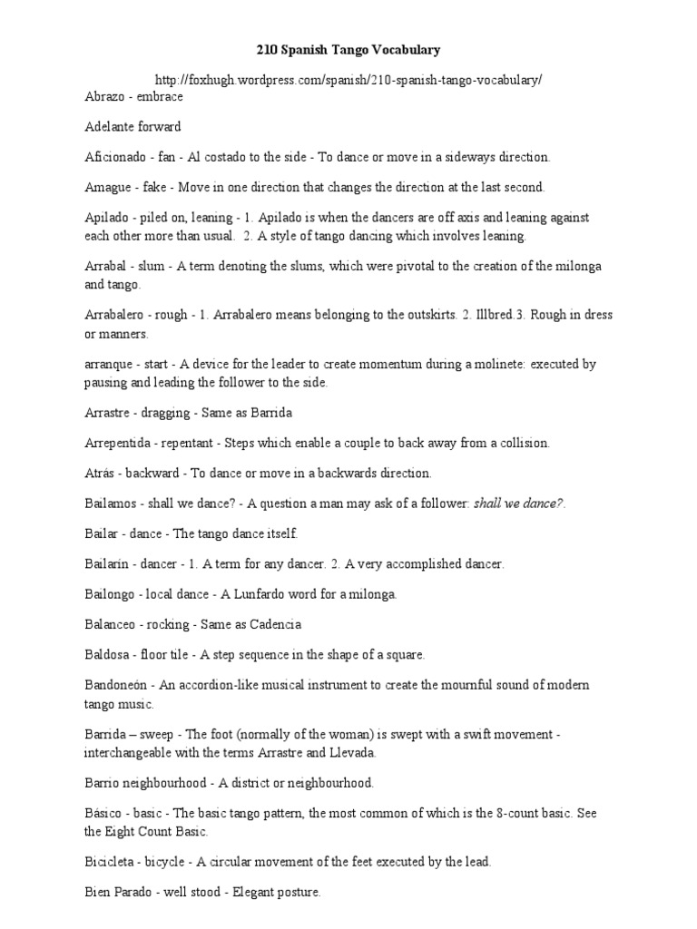 210 Basic Tango Vocabulary English | PDF | Tango | Uruguayan Music