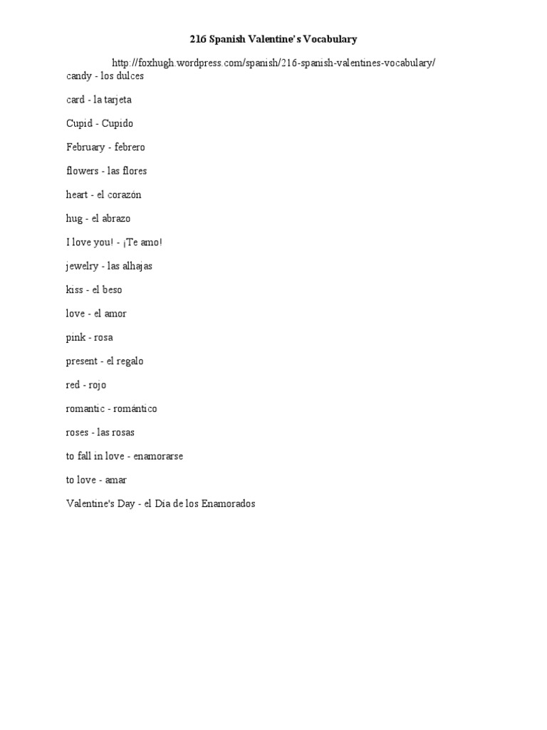 Vocabulario de San Valentín en Español | PDF