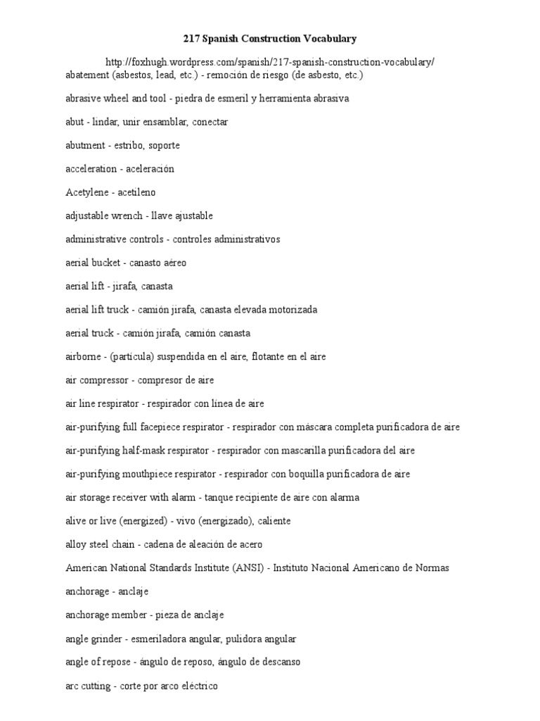 217 Spanish Construction Vocabulary | PDF | Equipo | Bienes manufacturados