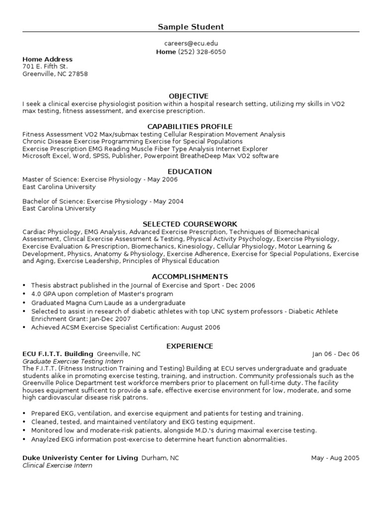 exercise physiologist sample resume | Physical Exercise | Health Care