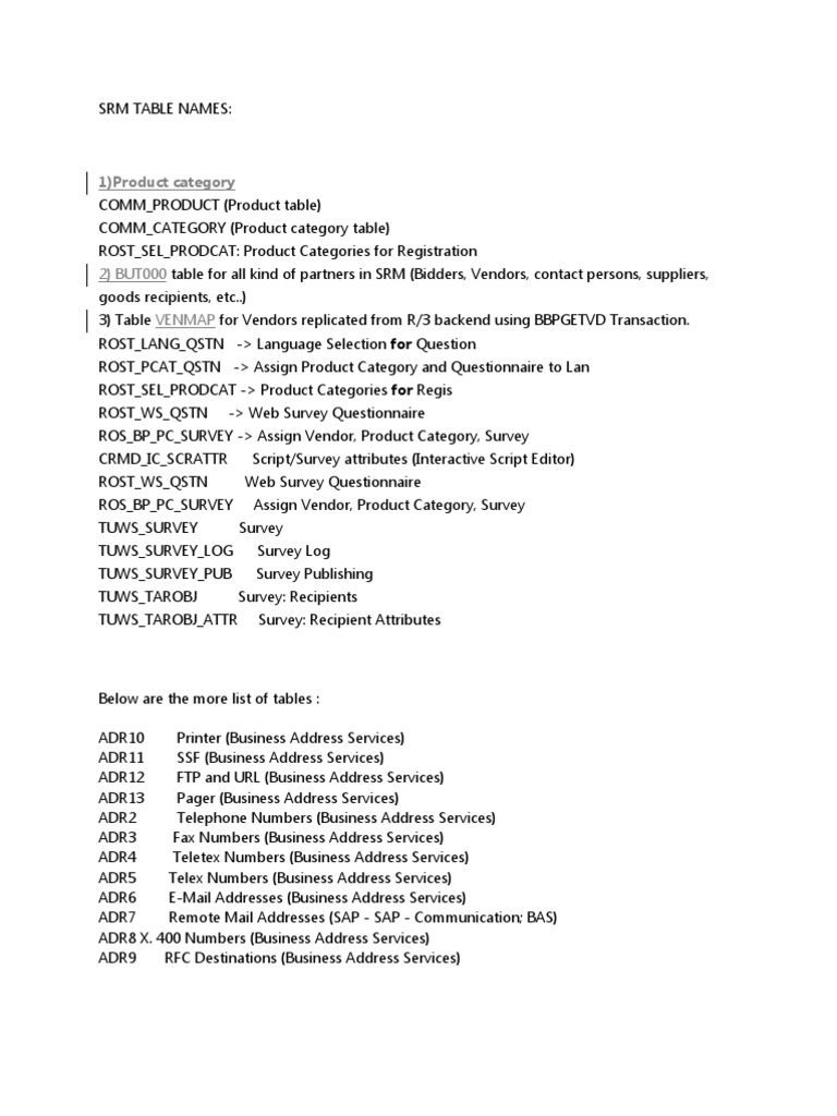 SRM Table Names | PDF | Email | Computer Data