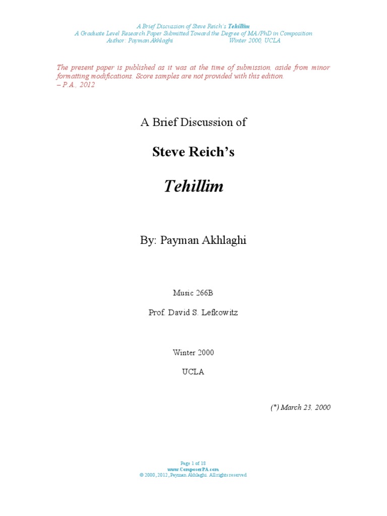 Steve Reich's Tehillim, A Brief Discussion, by Payman Akhlaghi, Music ...