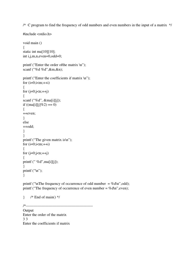 C Program To Find The Frequency Of Odd Numbers And Even Numbers In The Input Of A Matrix Pdf