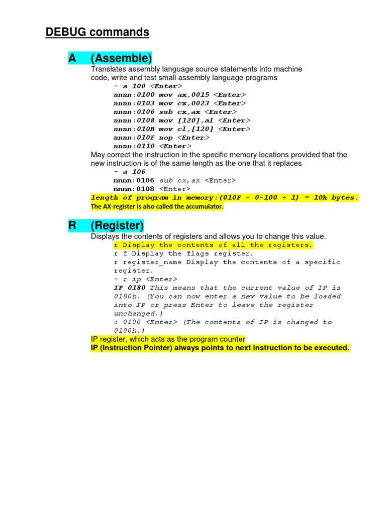 Debug Commands Assembly Language Instruction Set 