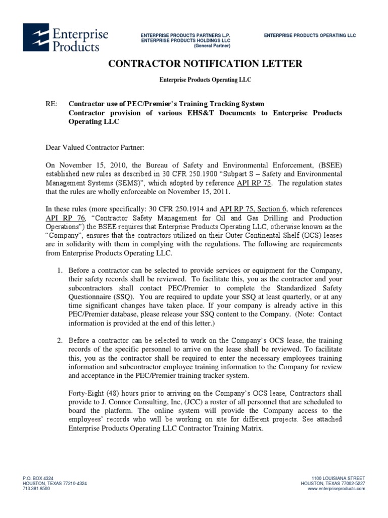 Enterprise Contractor Notification Letter | PDF | Occupational Safety ...