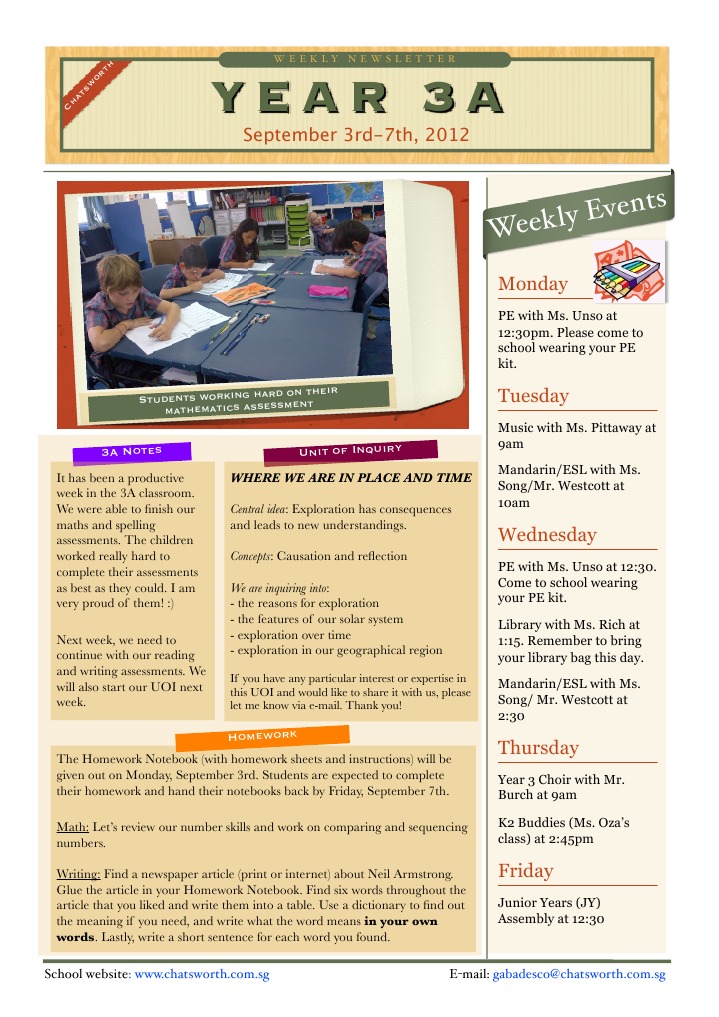 Year 3 Weekly Newsletter: Sept 2012 | PDF