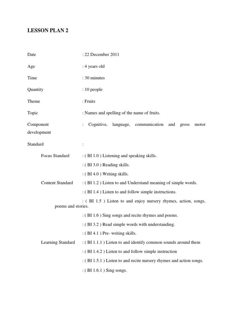 Lesson Plan (FRUITS) | PDF | Lesson Plan | Singing