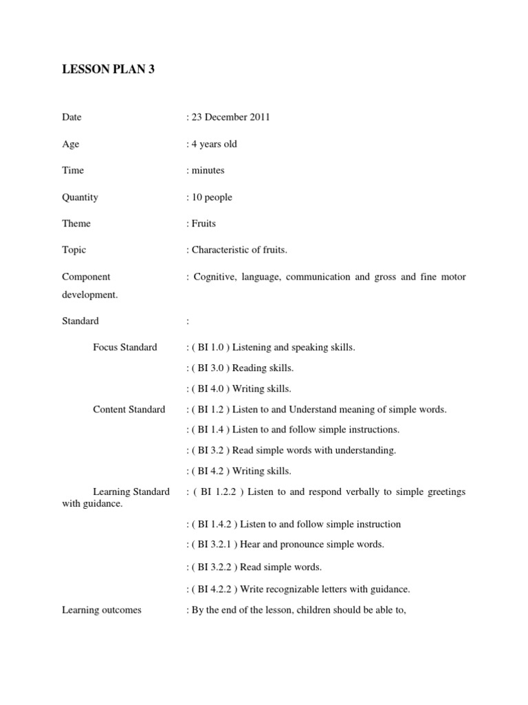 Kindergarten Fruits Lesson Plan | PDF | Lesson Plan | Vocabulary