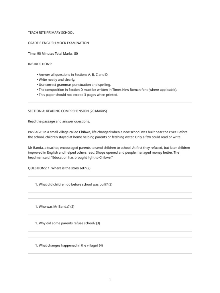 Grade 6 English Mock Examination Paper | PDF | Adjective | Adverb
