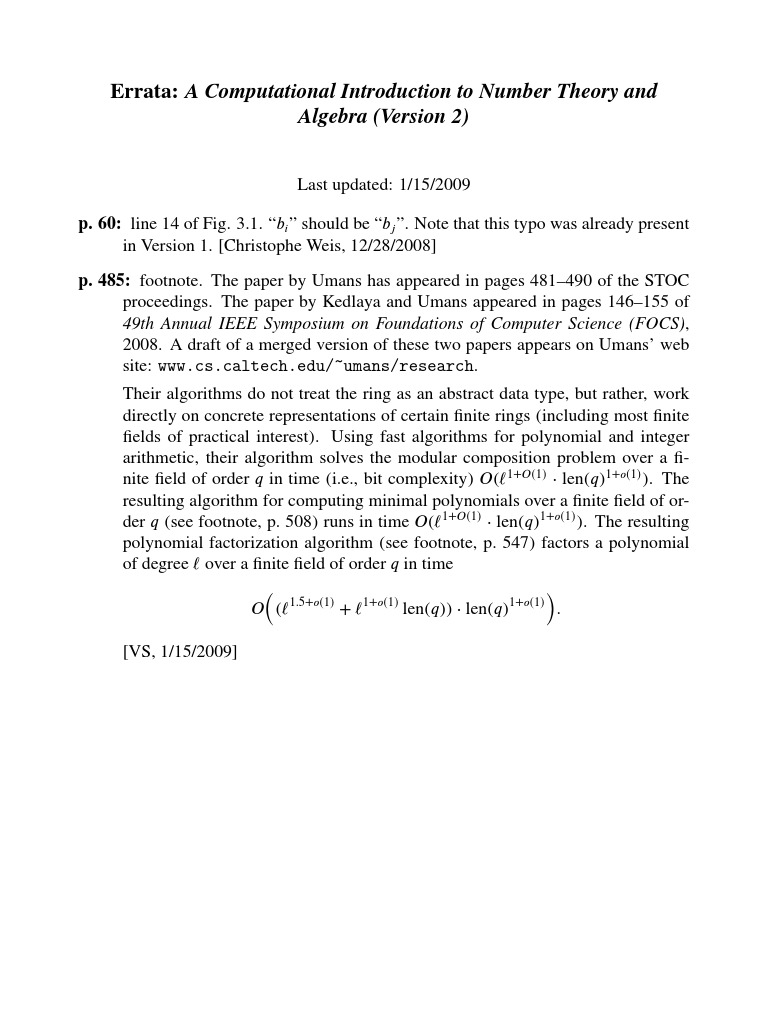 A Computational Introduction To Number Theory And Algebra Version 2