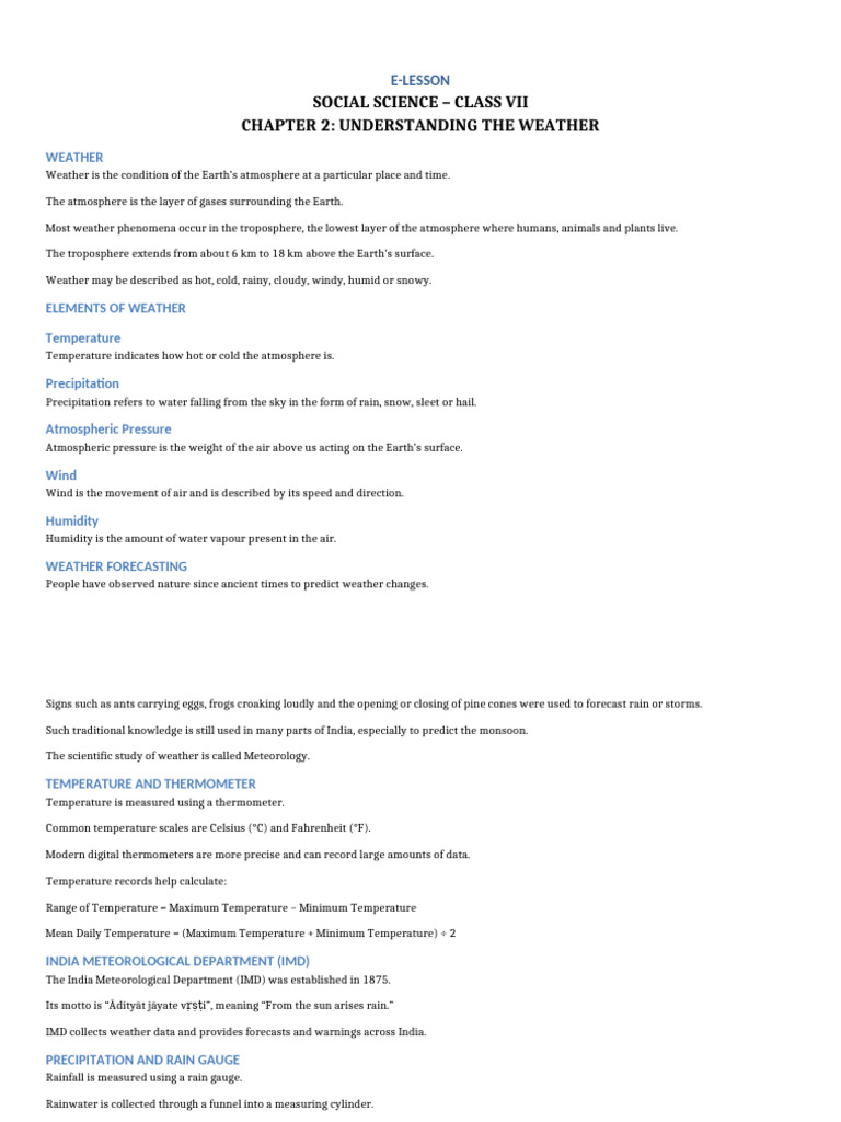 Class VII Social Science Chapter 2 Understanding the Weather | PDF ...