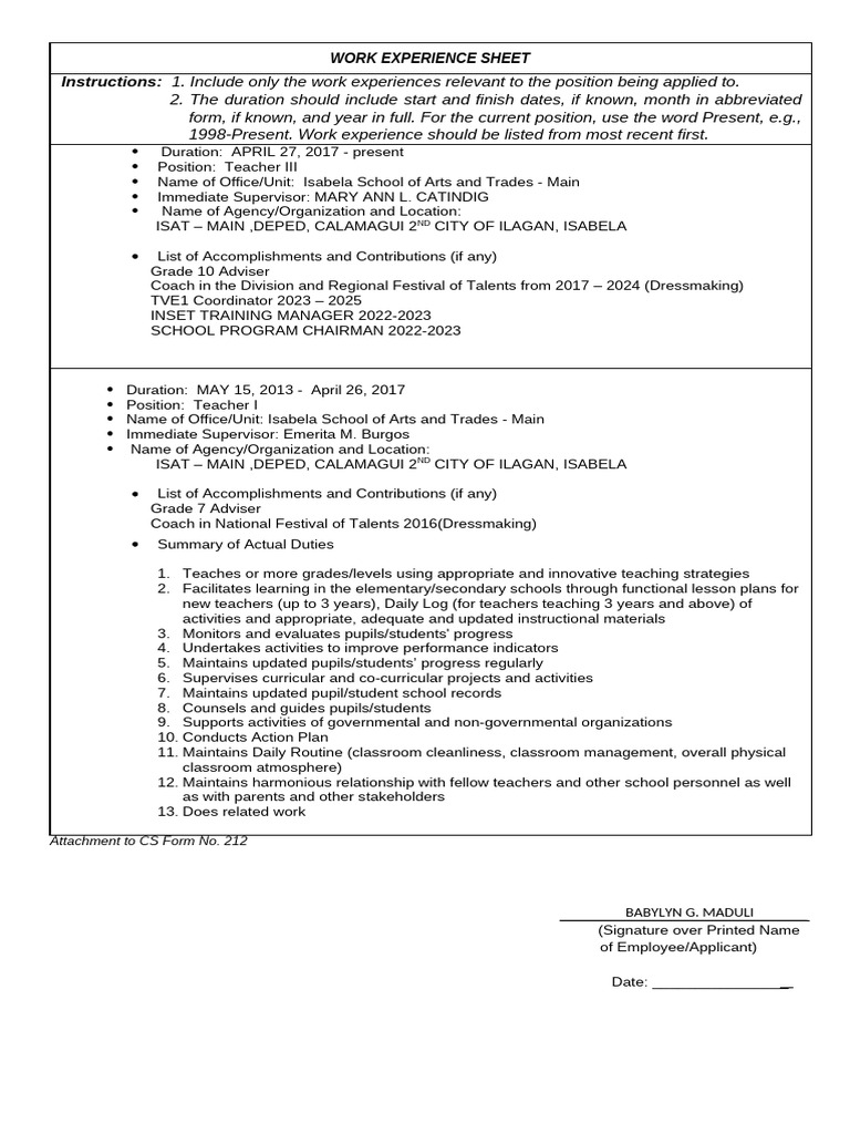 CS Form No 212 Work Experience Sheet (1) | PDF | Teachers