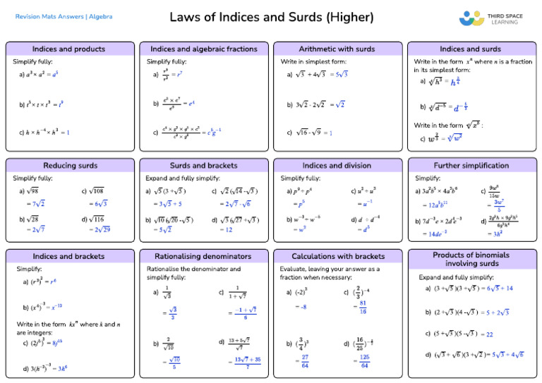 Laws of Indices (Higher) Answers | PDF | Number Theory | Arithmetic