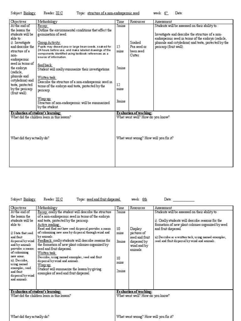 Lesson Plans For Seed Structure and Dispersal | PDF | Seed | Fruit
