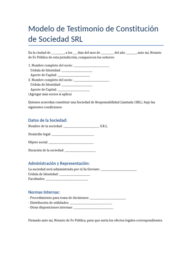 Modelo Testimonio Constitucion SRL | PDF