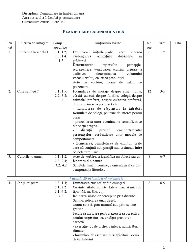 Planificare Calendaristica La Clasa Pregatitoare | PDF