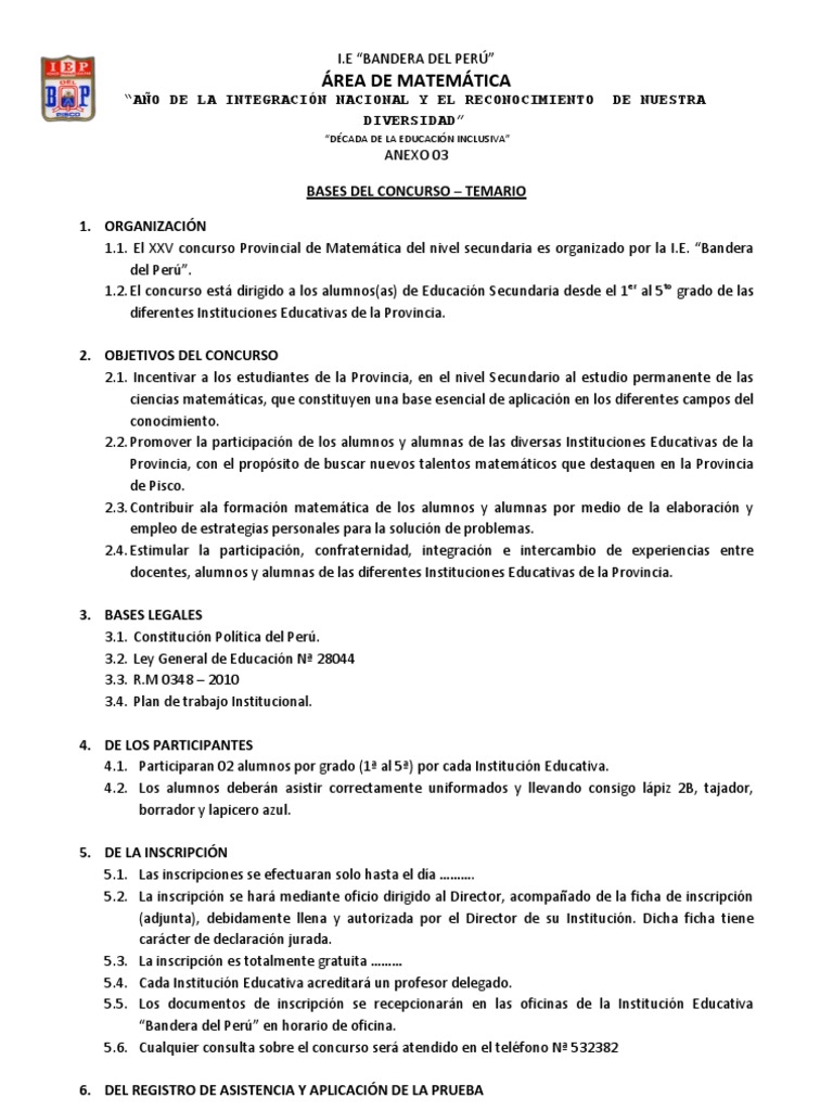 Bases Del Concurso de Matematica | PDF | Prueba (evaluación) | Calidad de vida