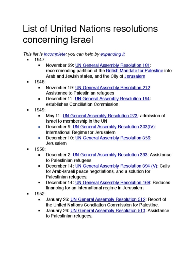 List of United Nations Resolutions Concerning Israel | PDF | Palestine ...