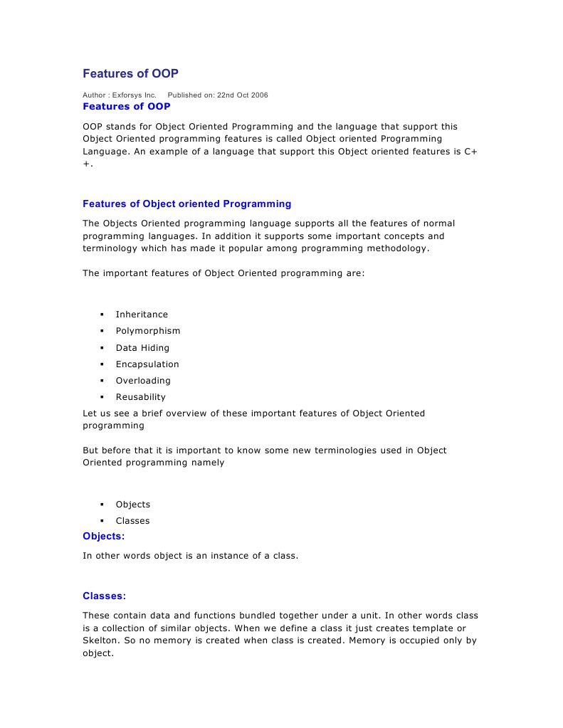 Features of OOP | PDF | Object (Computer Science) | Object Oriented ...