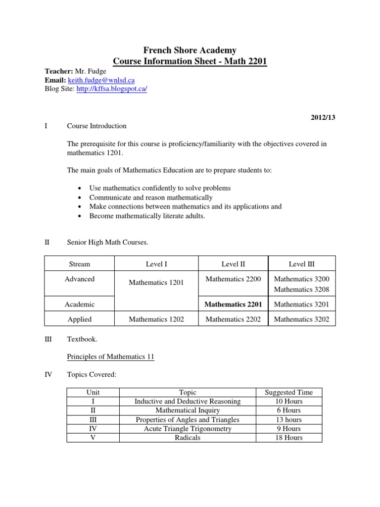 Math 2201 Course Outline 2013 | PDF | Homework | Teaching Mathematics