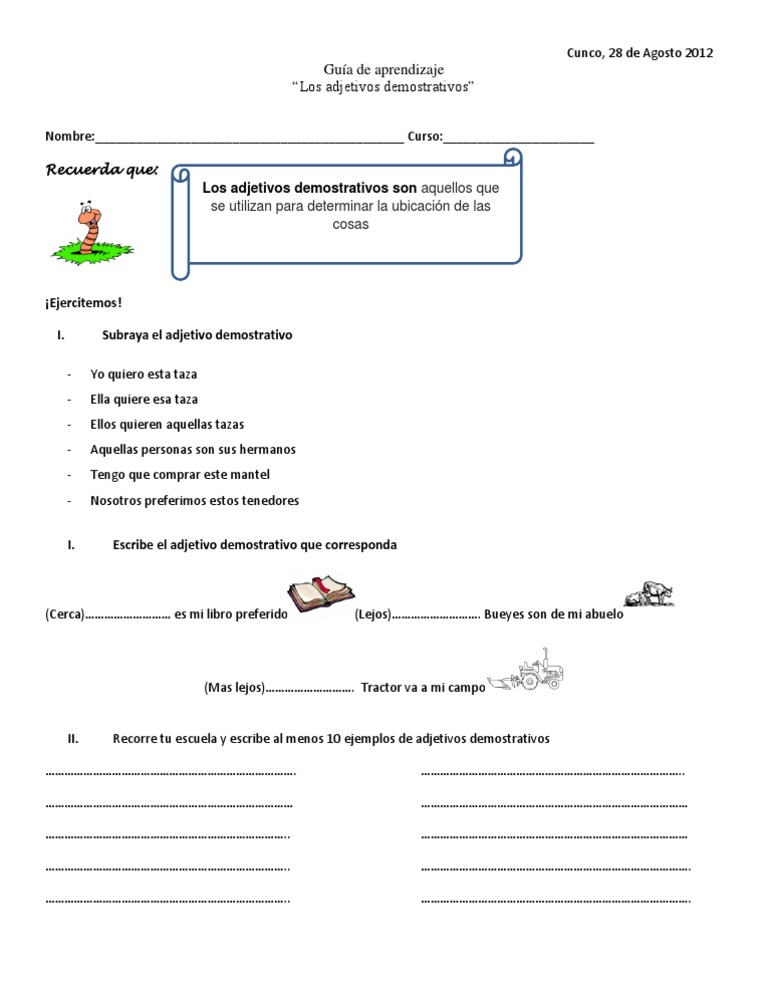 Hoja De Trabajo De Adjetivos Demostrativos En Español Gramática