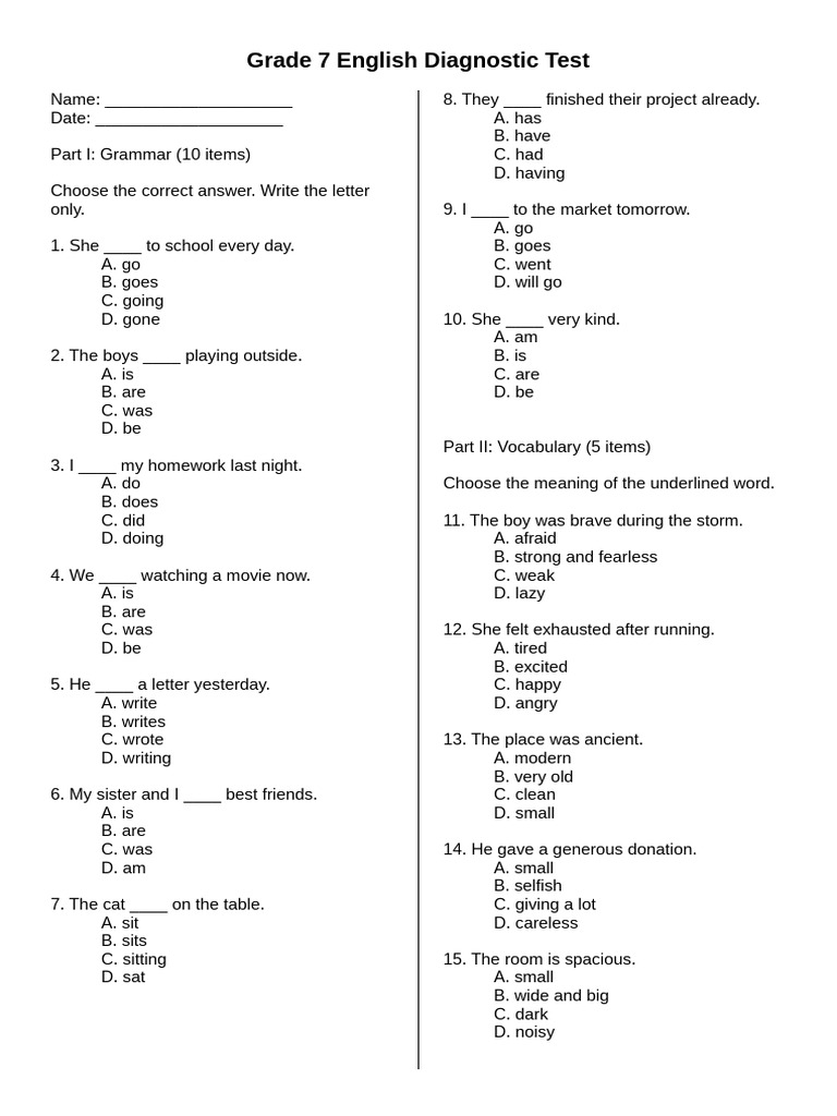 Grade 7 English Diagnostic Test | PDF | Chess | Chess Openings
