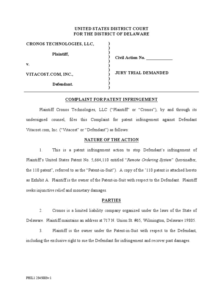 Cronos Technologies LLC | PDF | Injunction | Patent Infringement