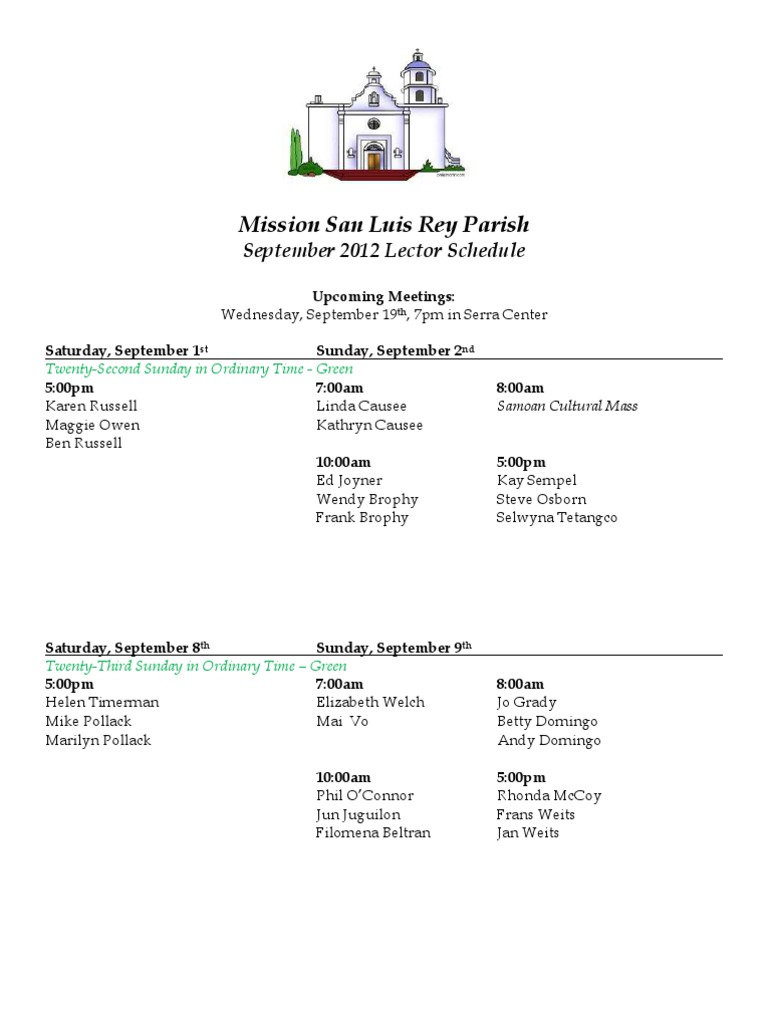 Lectors Schedule Sept 2012 | PDF