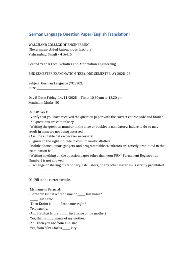 German Question Paper English Translation | PDF